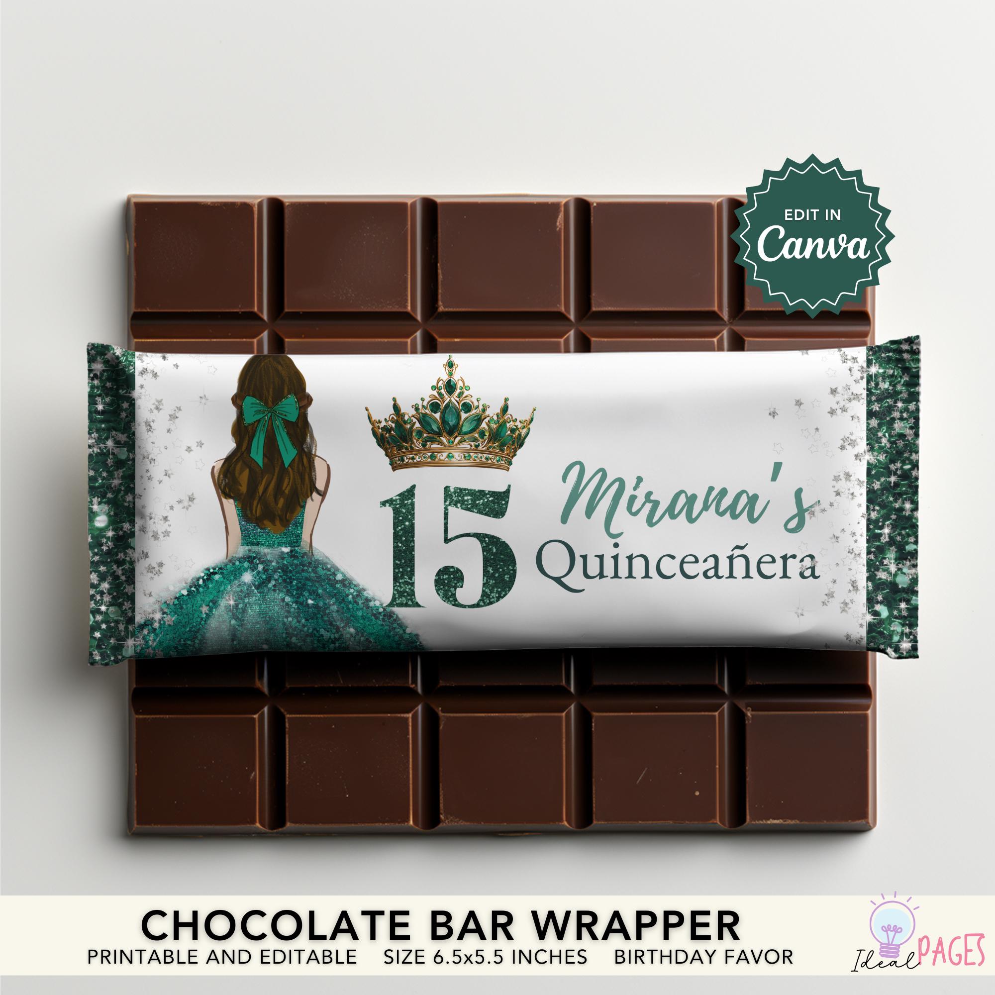 Emerald Green Quinceanera Chocolate Bar Wrapper Favors, Sweet 15 Decor ...
