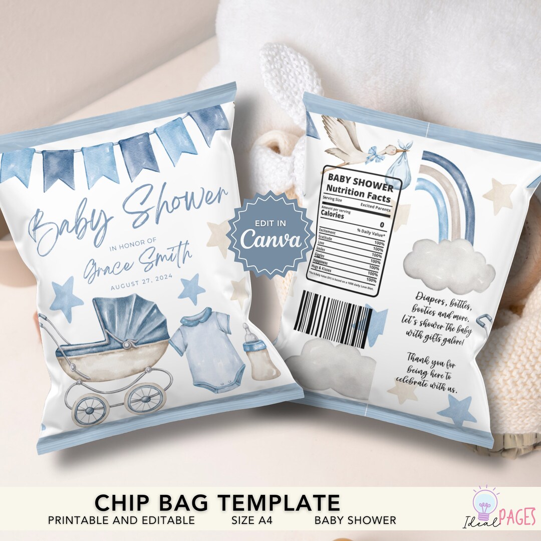 Editable Blue Baby Shower Chip Bag Template, DIY Party Favor, Gift for ...