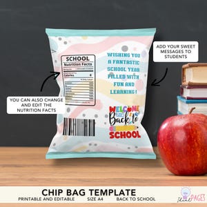 6 Back to School Chip Bag Template, School Party Favor, Welcome Snack ...