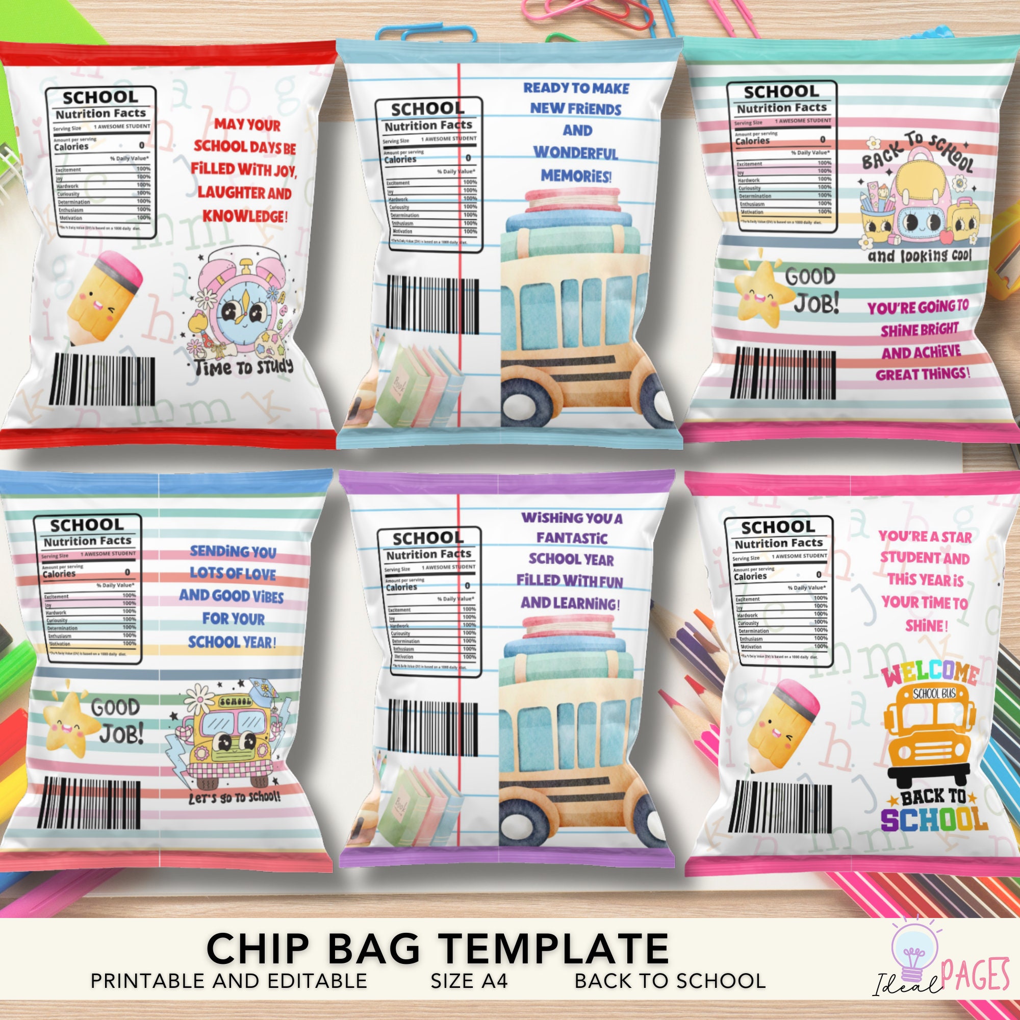 6 Back to School Chip Bag Template, School Party Favor, Welcome Snack ...