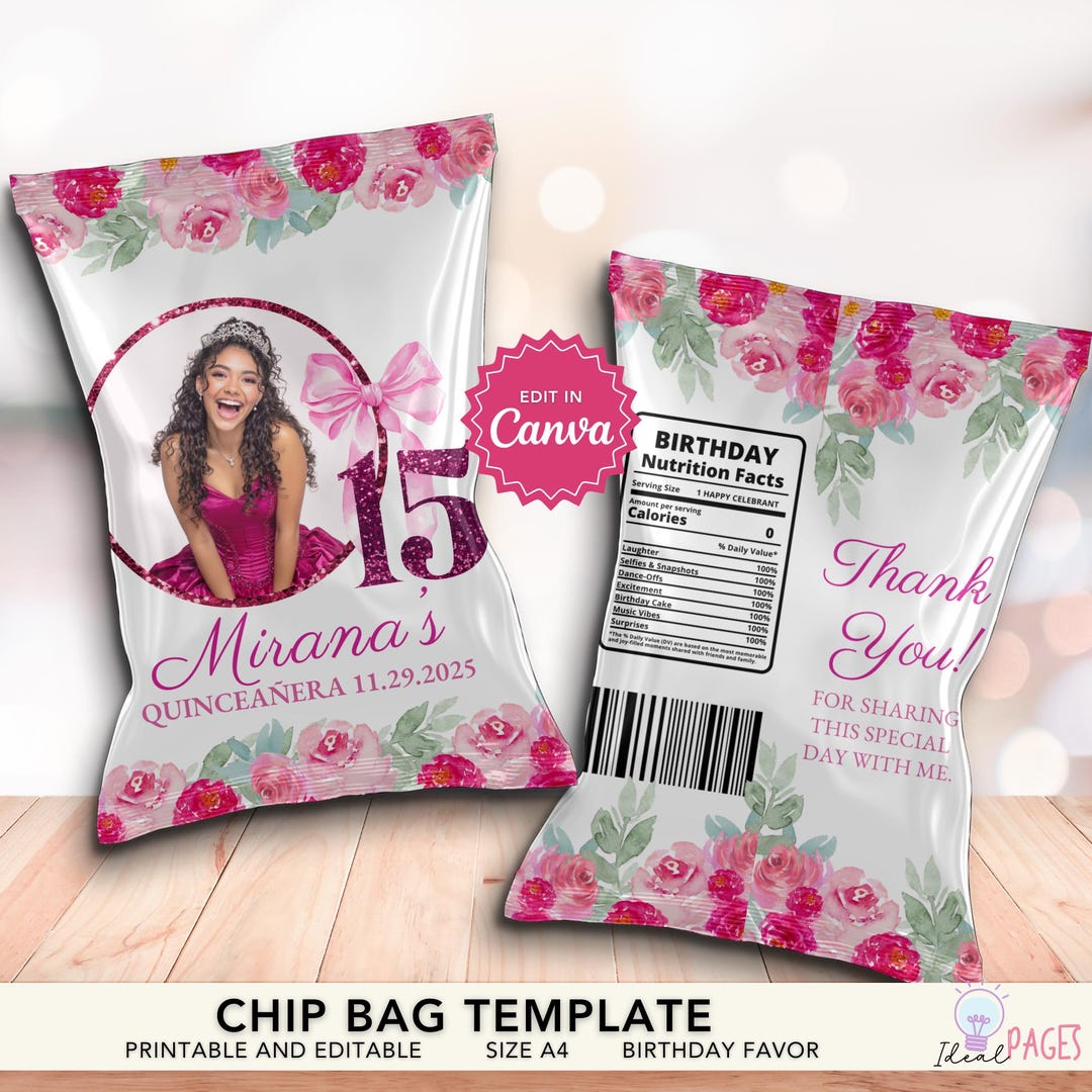 Fuchsia Pink Quinceanera Chip Bag Label With Photo, Sweet 15th Birthday ...