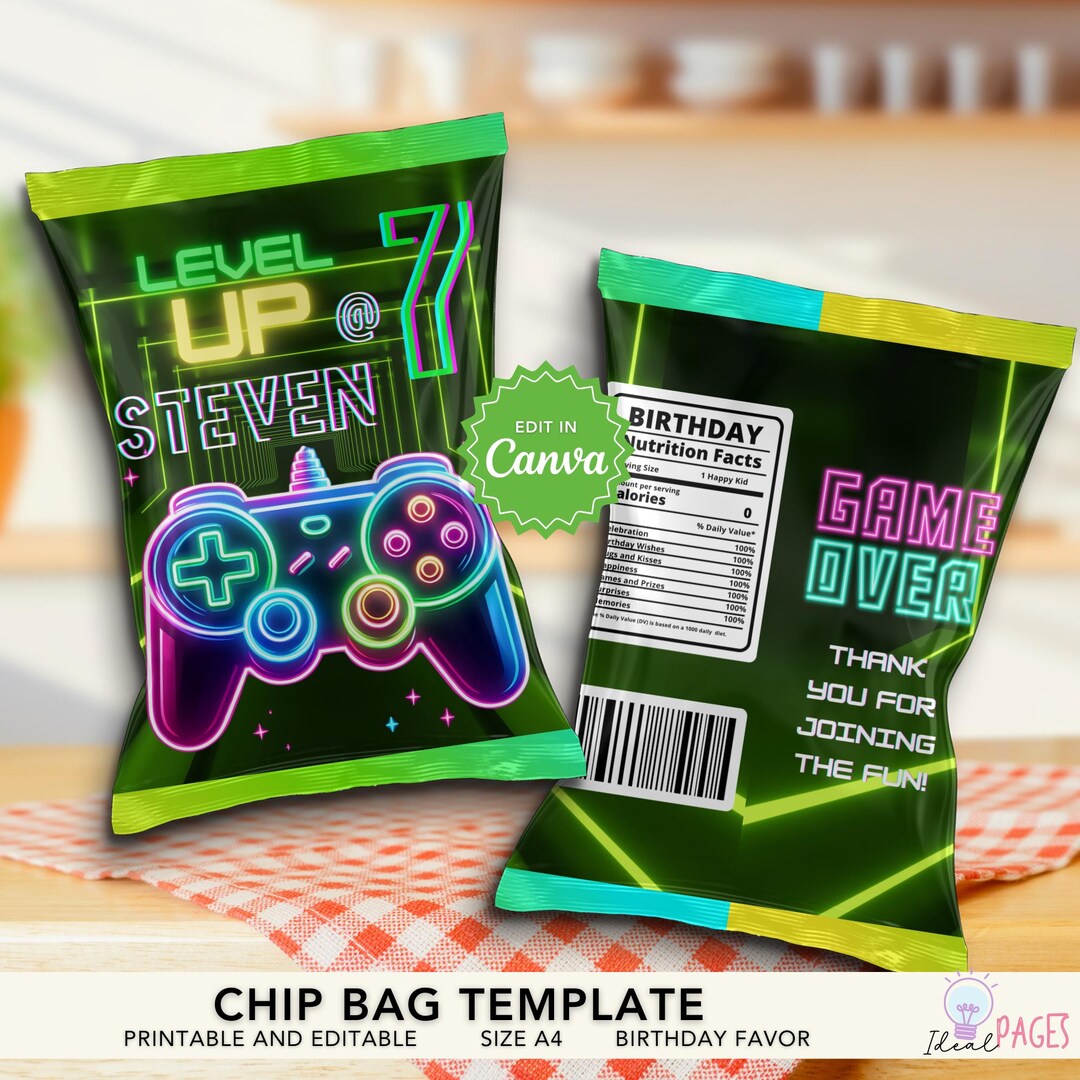 Neon Green Gamer Birthday Chip Bags Template, Video Games Favors Party ...