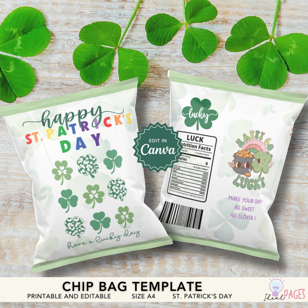 St Patricks Day Chip Bag Template, Custom Chip Bag, Shamrock Party ...