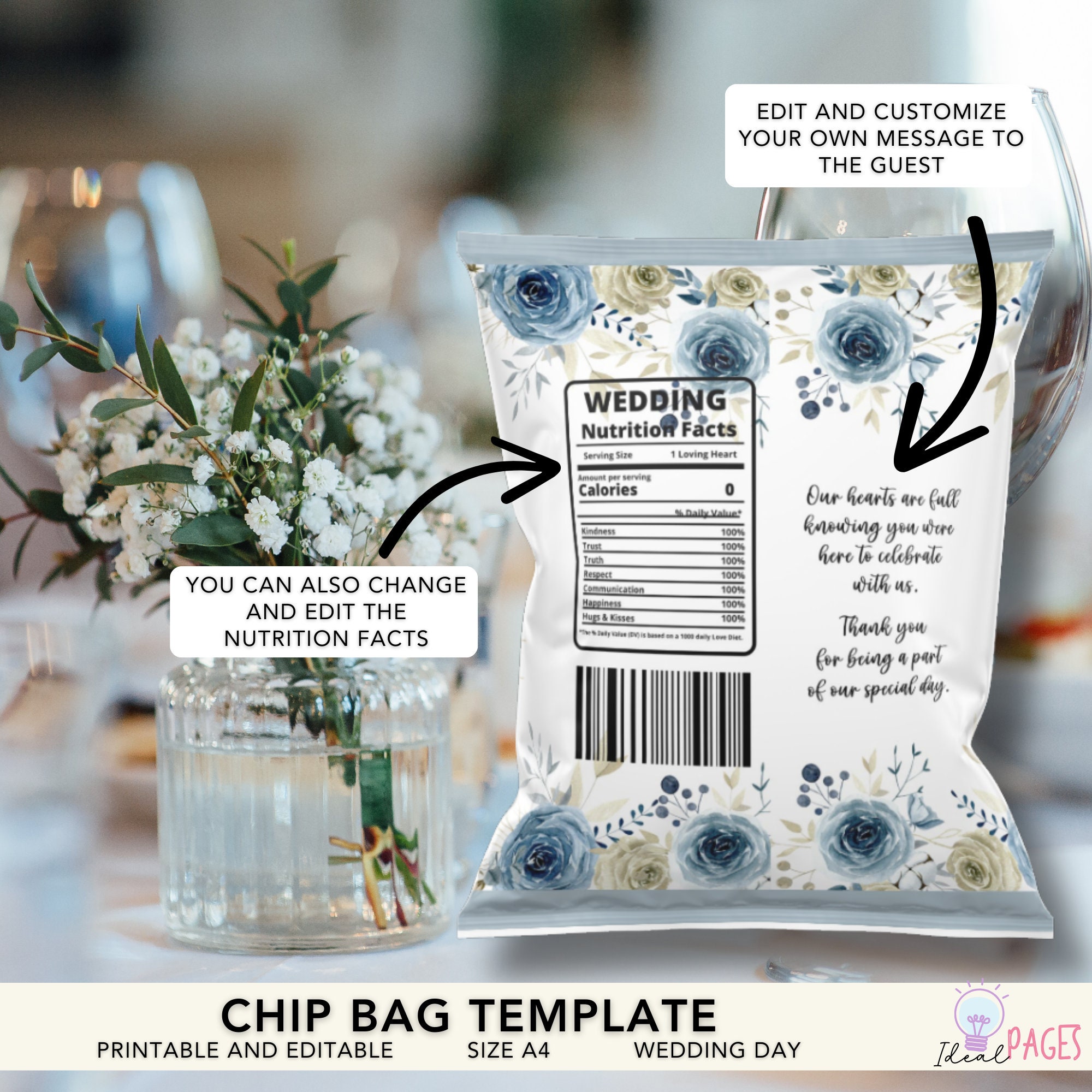 Floral Dusty Blue Wedding Chip Bag Template, Custom Chip Bag, Marriage ...