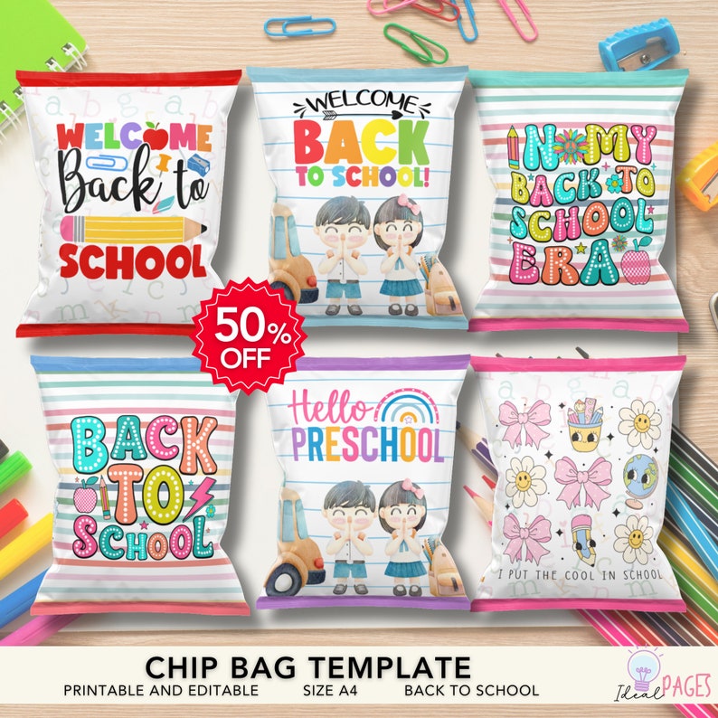 6 Back to School Chip Bag Template, School Party Favor, Welcome Snack ...