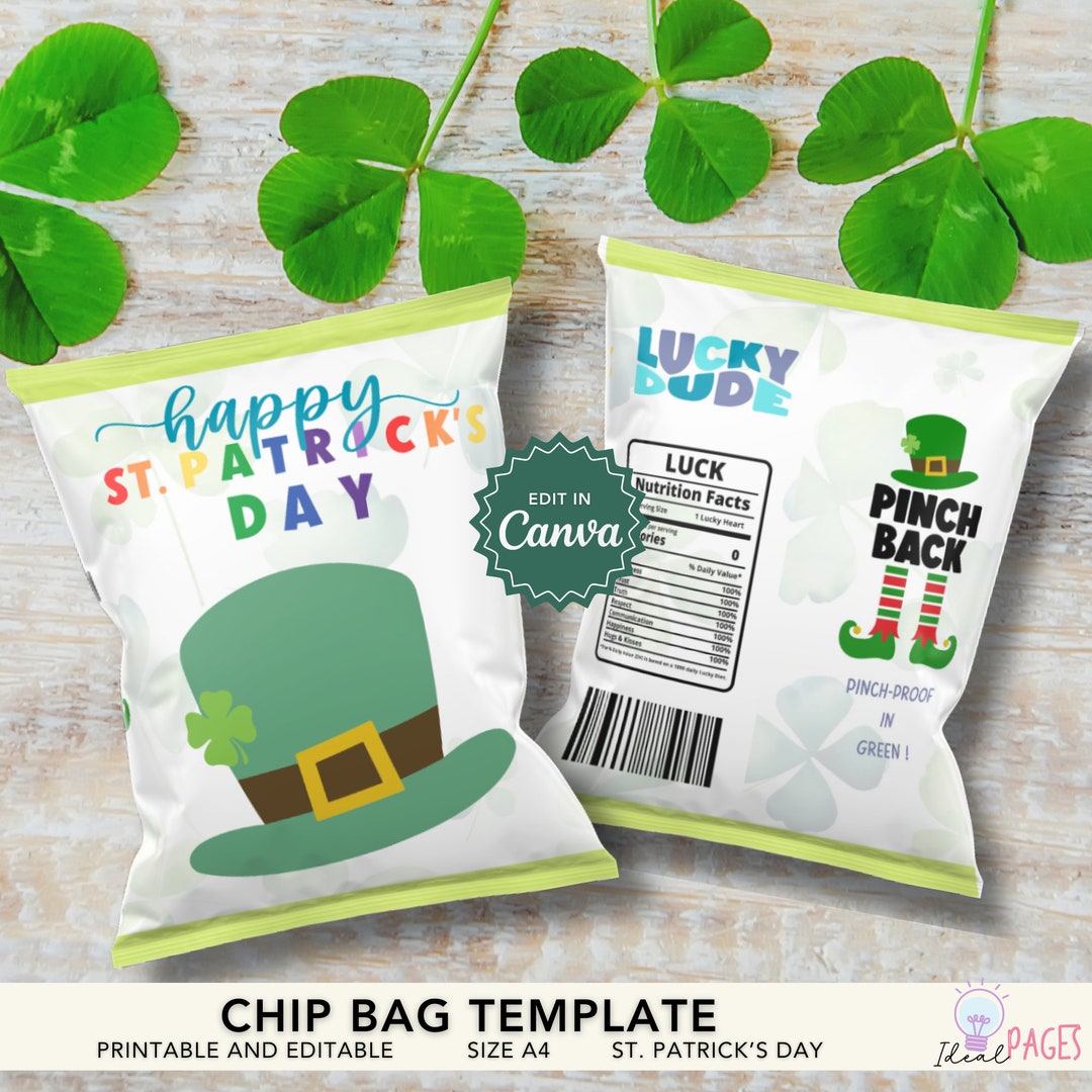 St Patricks Chip Bag Template, Custom Chip Bag, Shamrock Party Favors ...