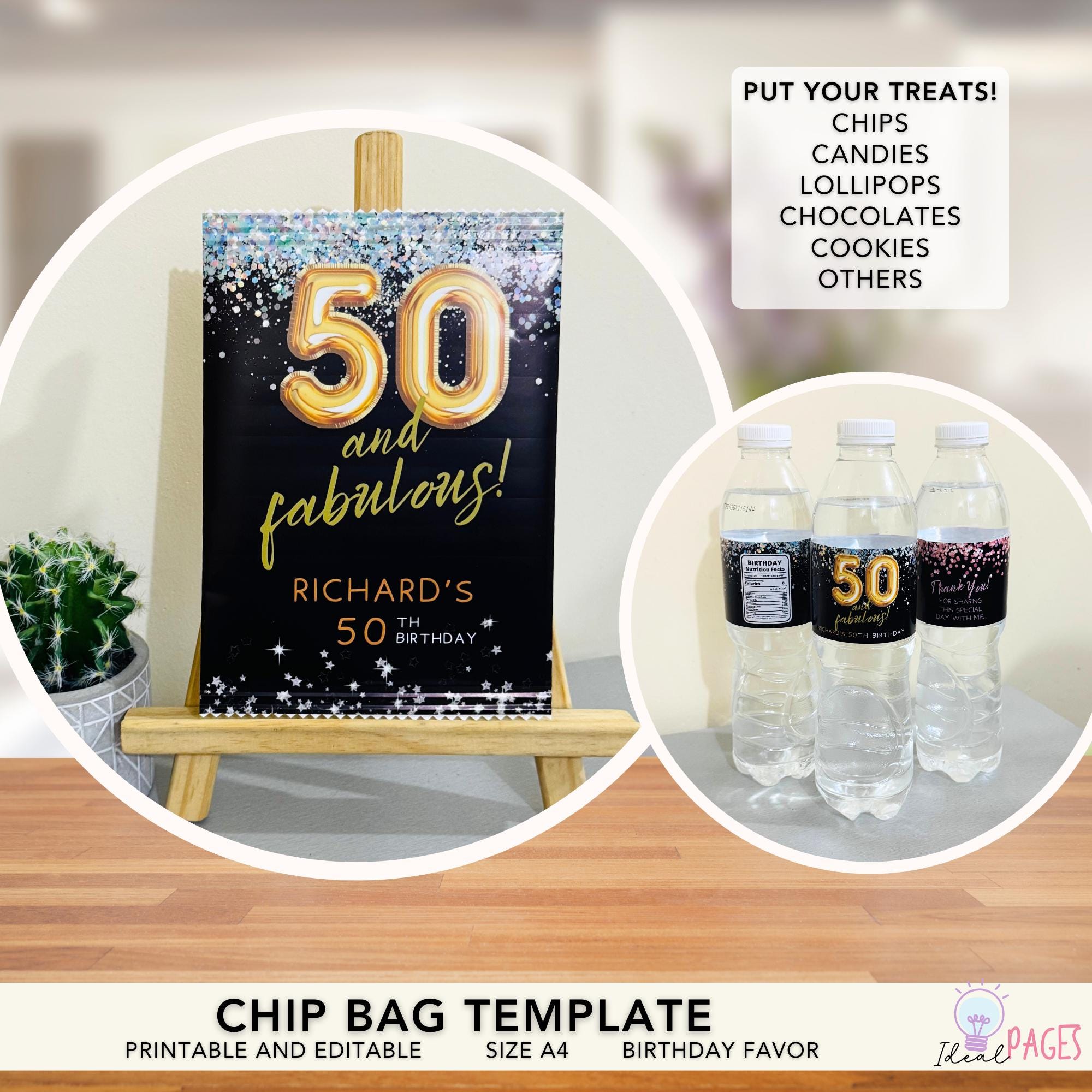 50 and Fabulous Golden 50th Birthday Party Favors, Chip Bag Label ...