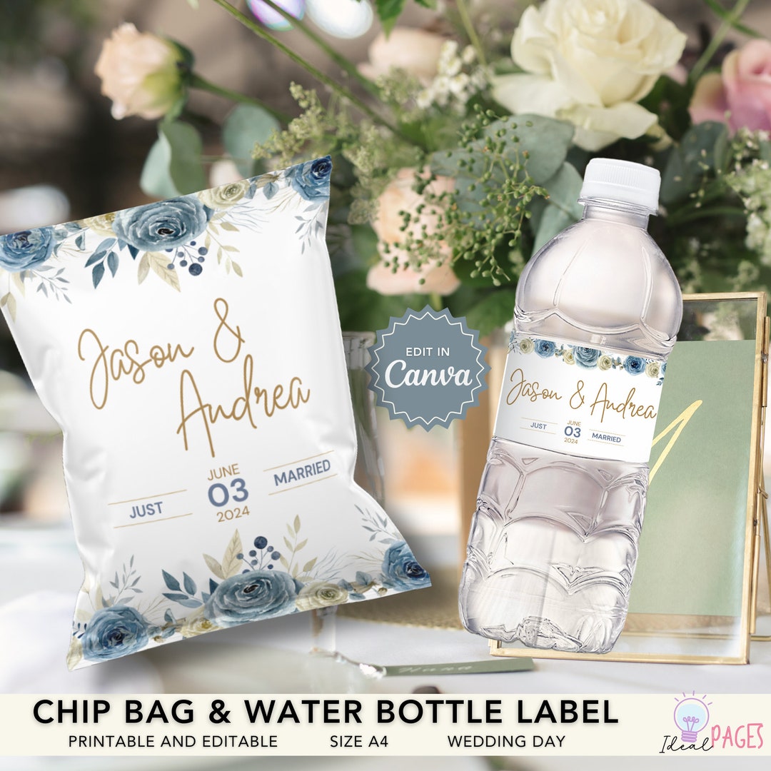 Floral Dusty Blue Wedding Chip Bag and Water Bottle Label Template ...