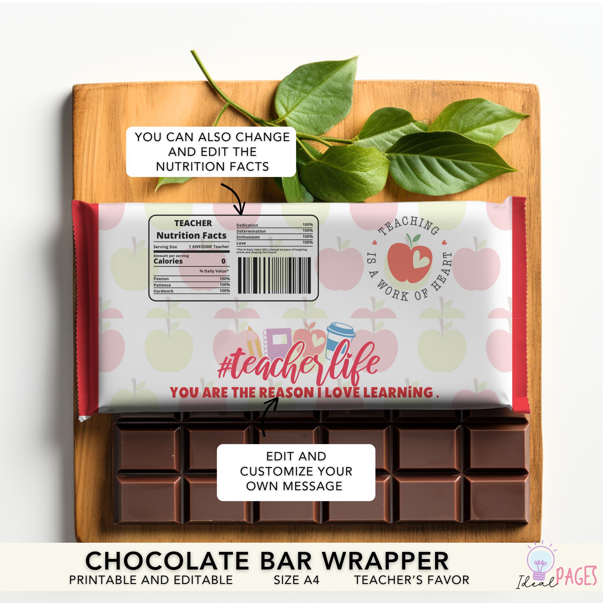 6 Teacher Appreciation Gift, Chocolate Bar Wrapper, Candy Bar Wrapper ...