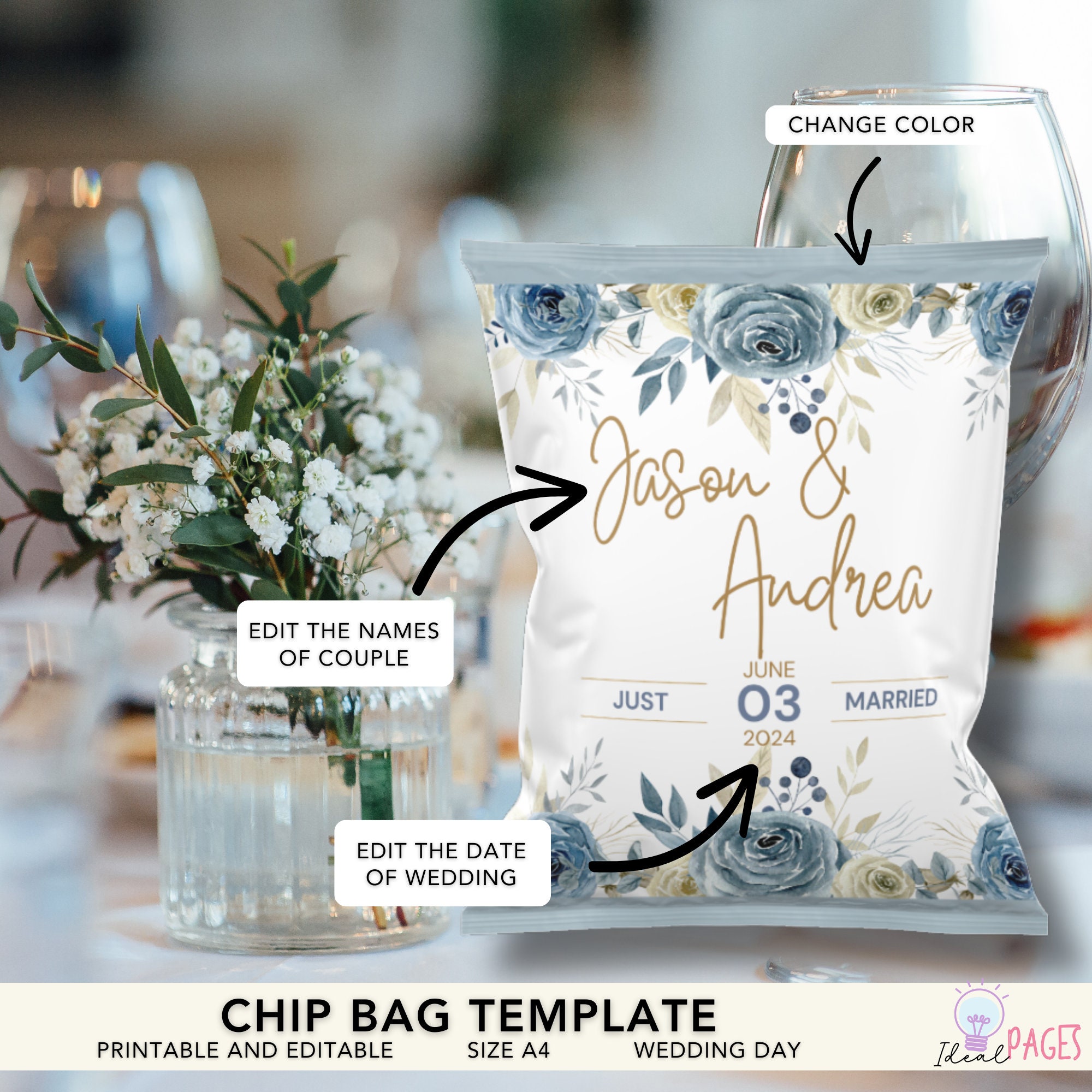 Floral Dusty Blue Wedding Chip Bag Template, Custom Chip Bag, Marriage ...
