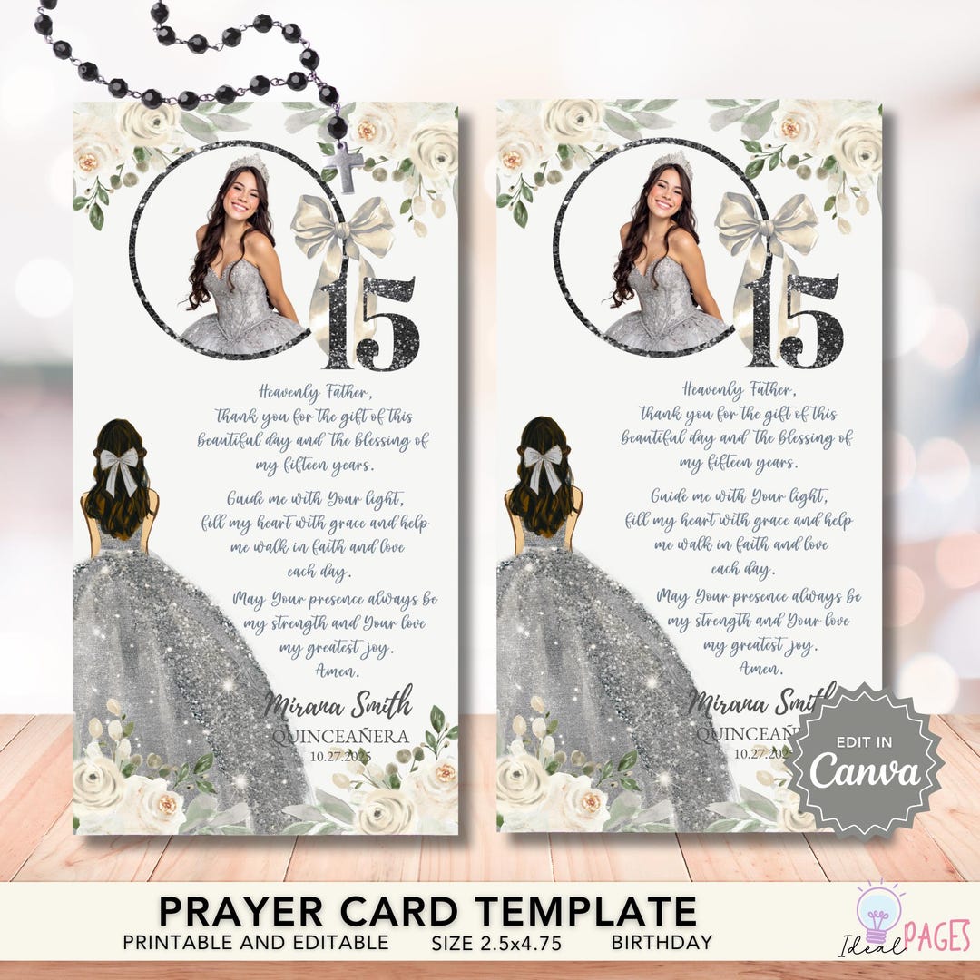 Silver Quinceañera Prayer Card Template, 15th Birthday Prayer Card ...