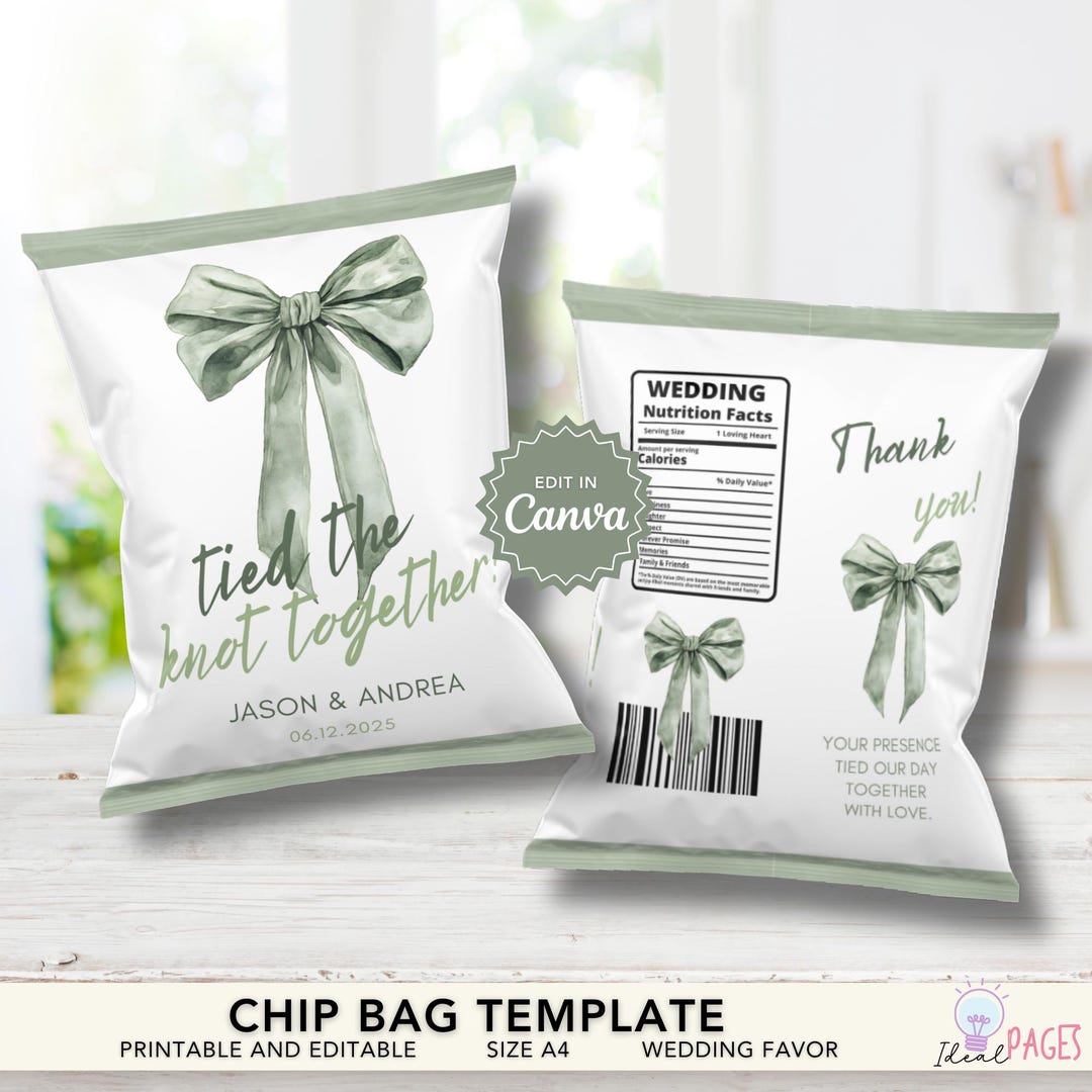 Sage Green Coquette Wedding Favor Bags, Editable Wedding Chip Bag ...