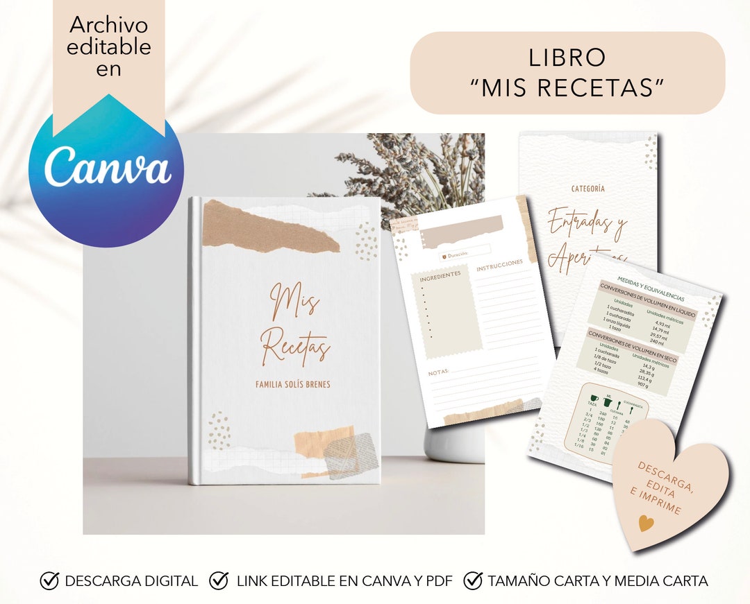 Canva Editable Recipe Book Template in Spanish, Cookbook, Canva ...