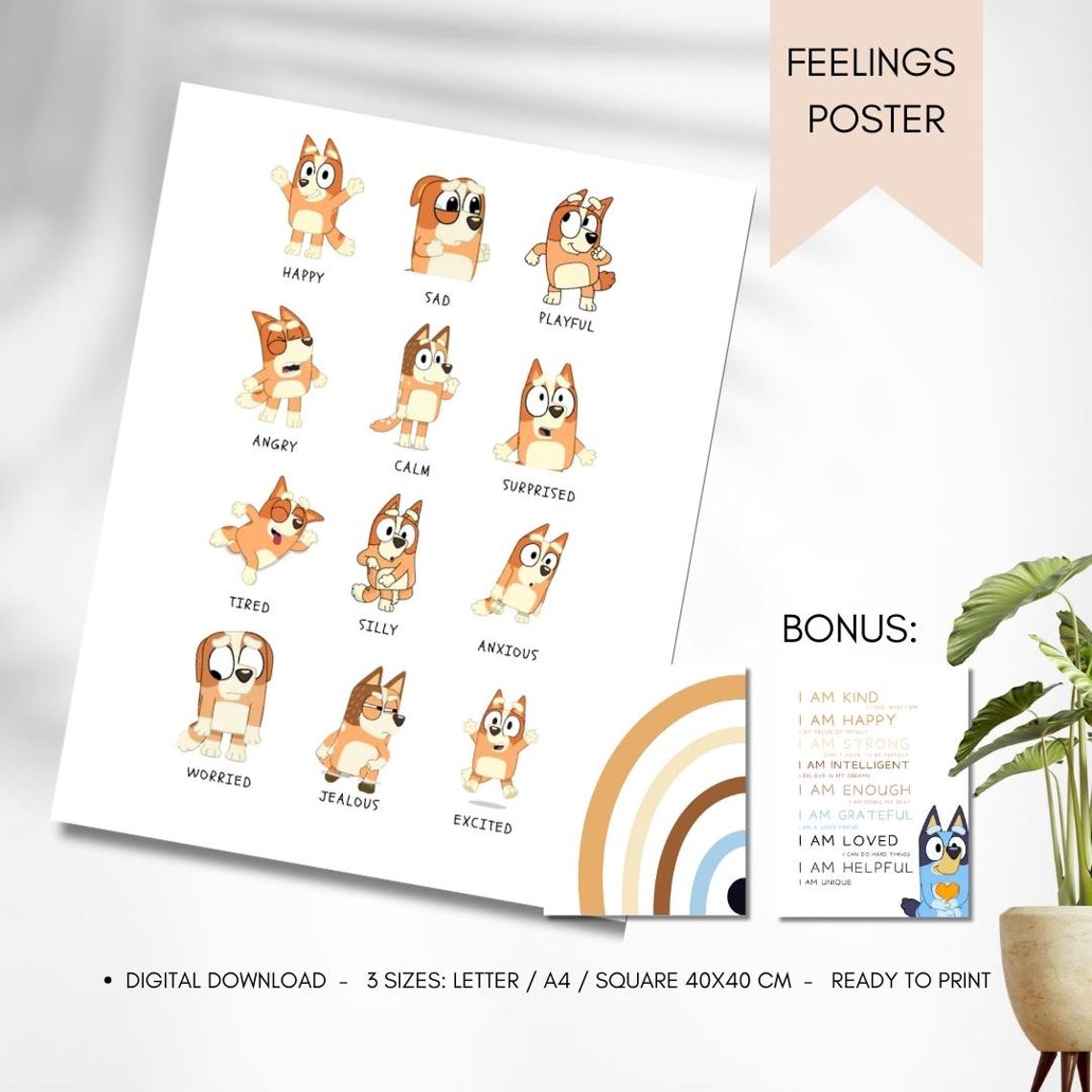 Bluey Feelings Poster Set, Emotions Chart for Kids, Printable Preschool ...