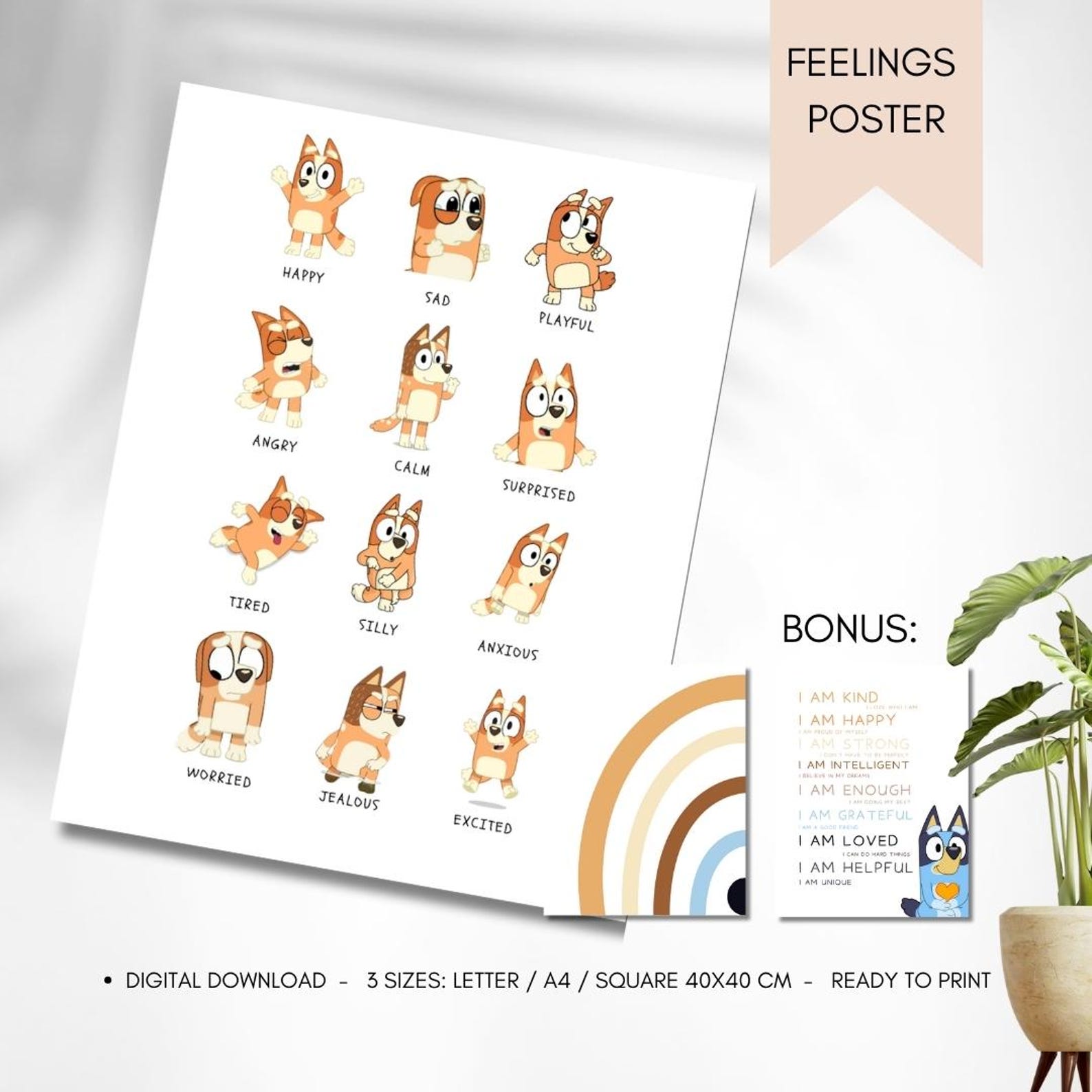 Bluey Feelings Poster Set, Emotions Chart for Kids, Printable Preschool ...