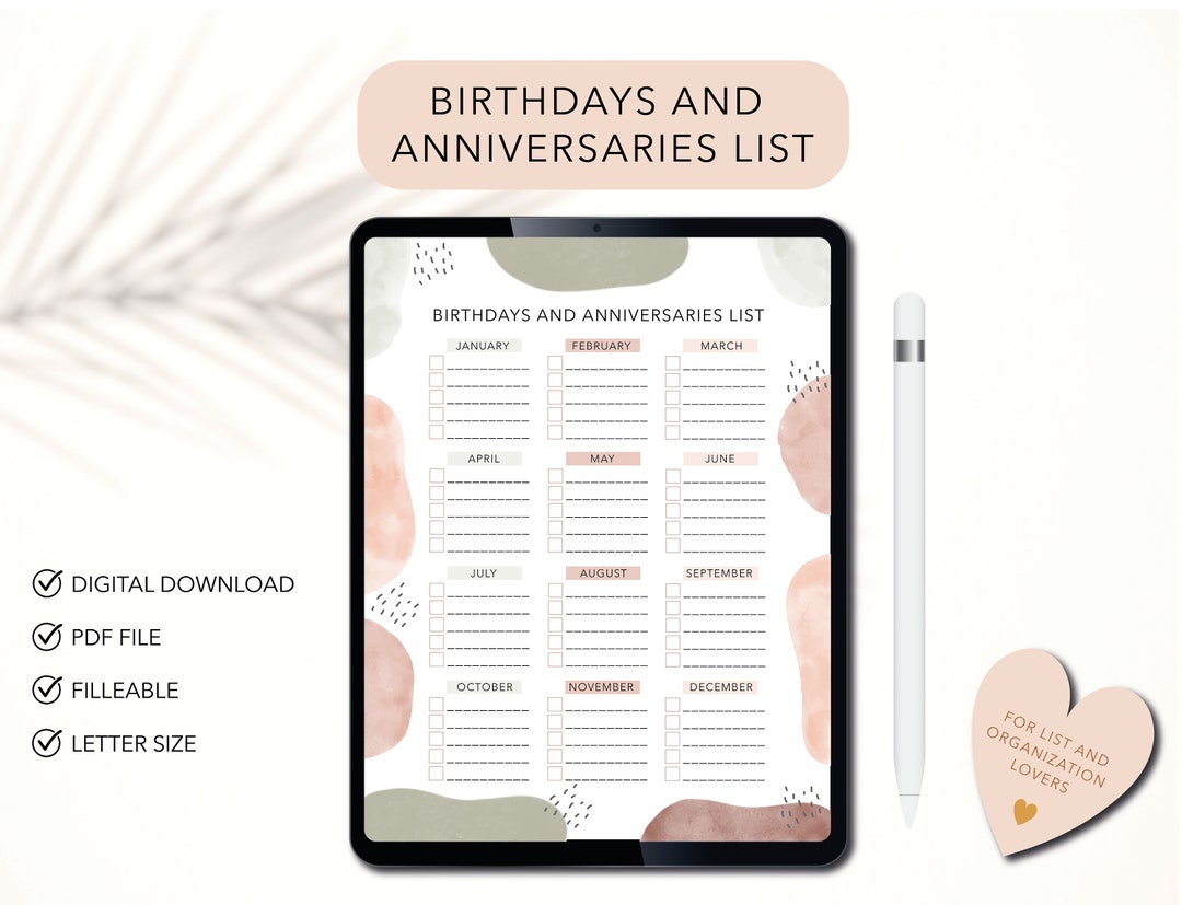 Birthday and Anniversary List, Activity Planner, Special Day, Birthday ...