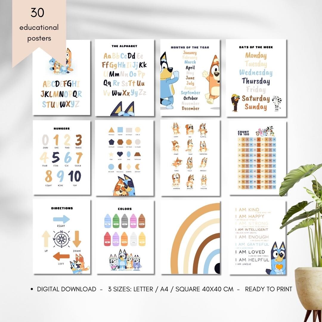 Bluey Print, Educational Posters, Bluey Alphabet Wall Art for Nursery ...