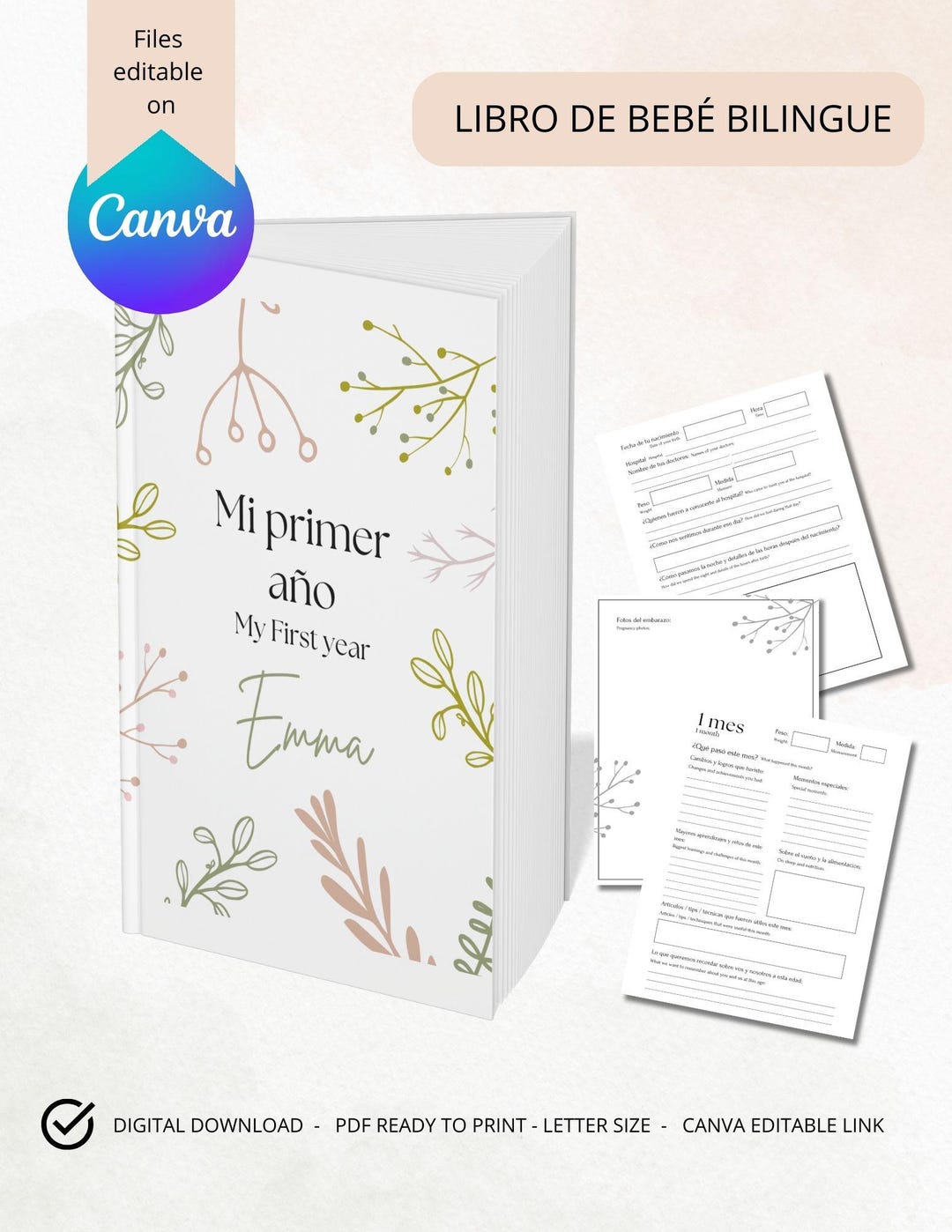 Baby Memory Book Bilingual English and Spanish, Digital Baby Journal ...