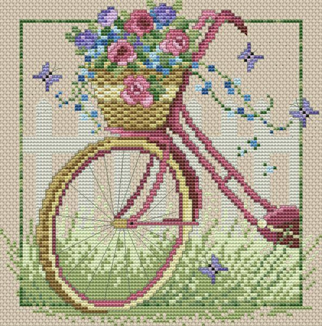 BICYCLE With FLOWERS in a Basket Cross Stitch Pattern DMC Colors Pdf ...