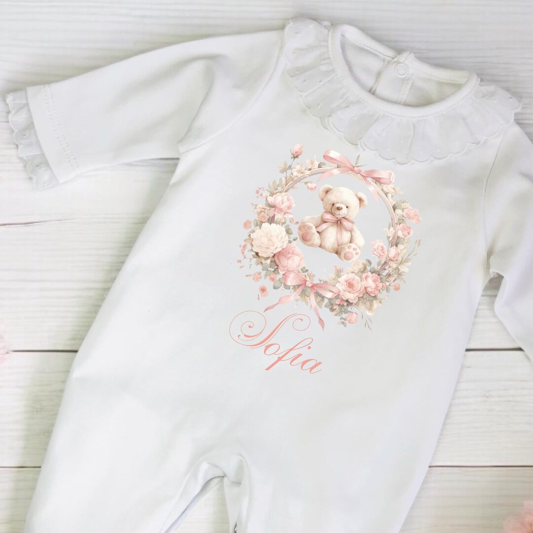 Personalised Floral Teddy Bear Baby Grow: Frilly Lace Cotton Sleepsuit ...