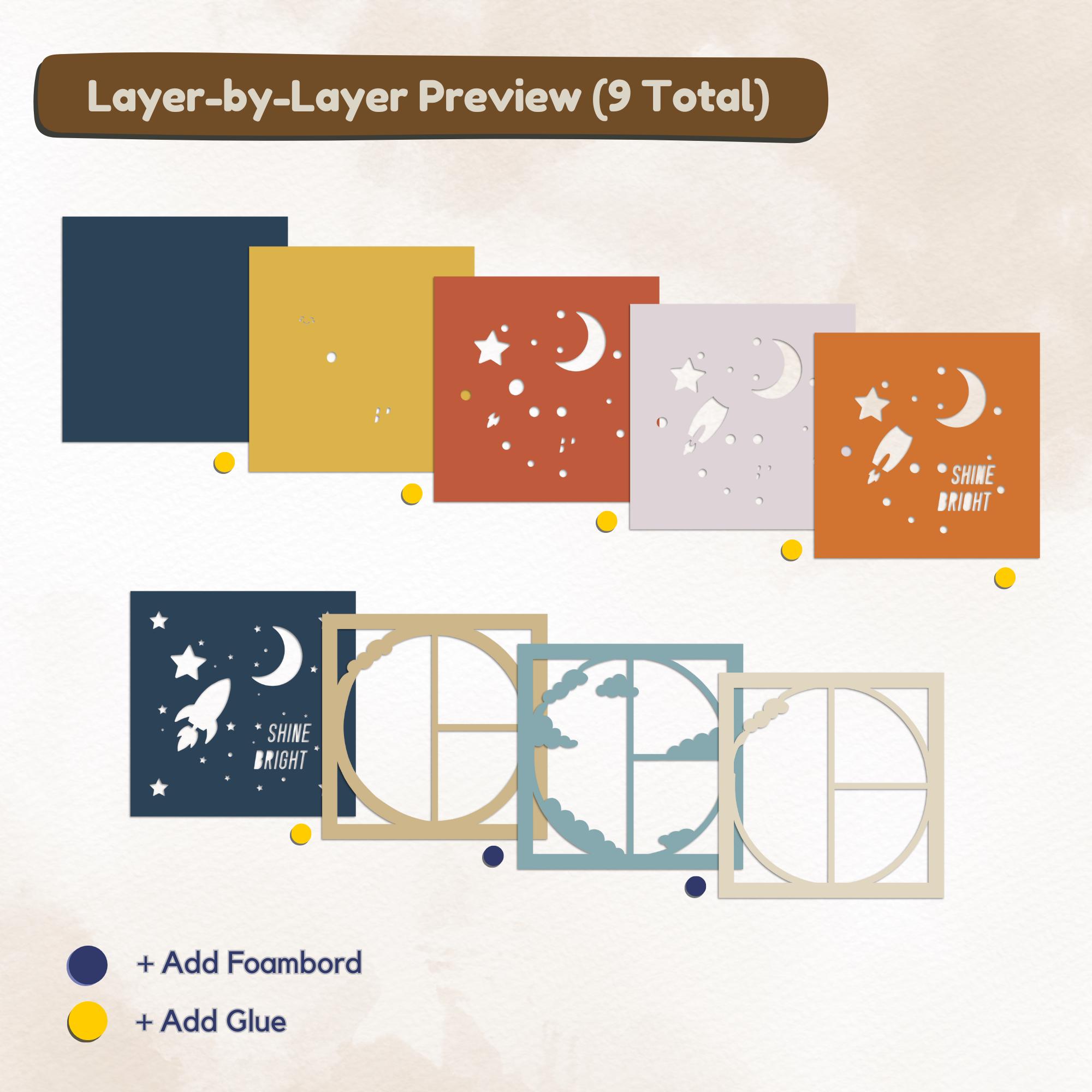 3D Space Shadow Box SVG, Layered Moon Star Cloud Spaceship Lightbox ...