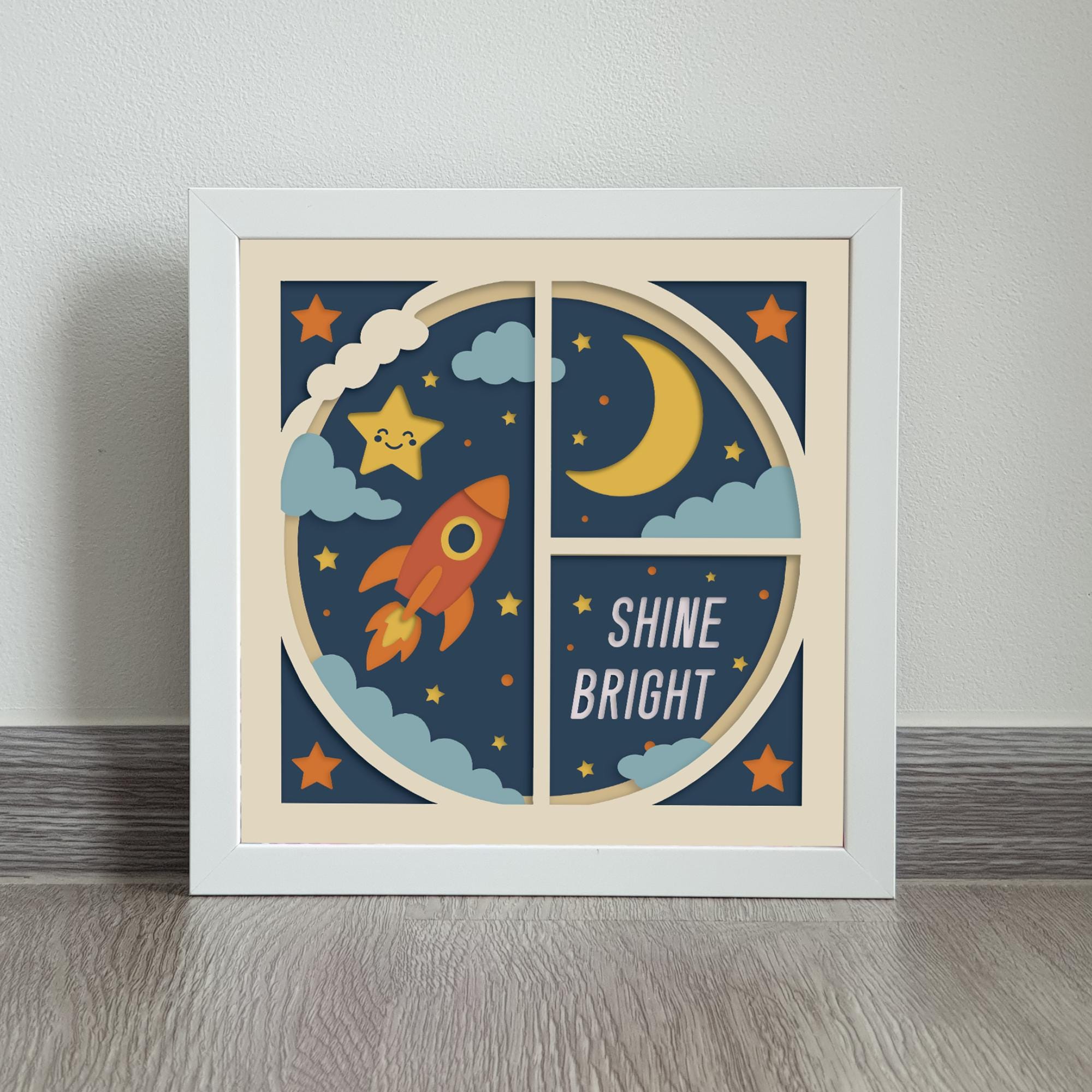 3D Space Shadow Box SVG, Layered Moon Star Cloud Spaceship Lightbox ...