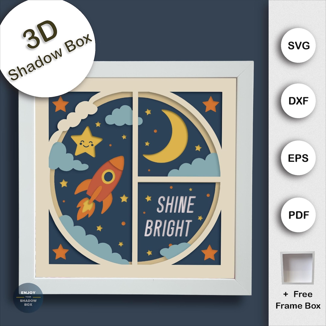 3D Space Shadow Box SVG, Layered Moon Star Cloud Spaceship Lightbox ...