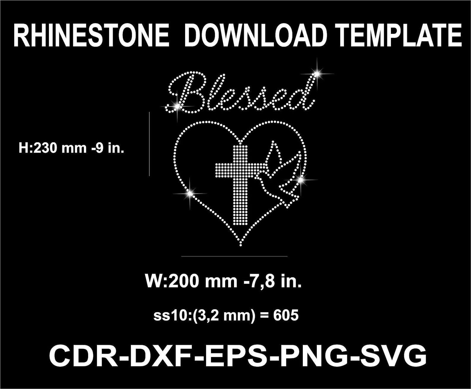 Blessed Rhinestone Template: Cross, Heart, Dove Christian Design ...