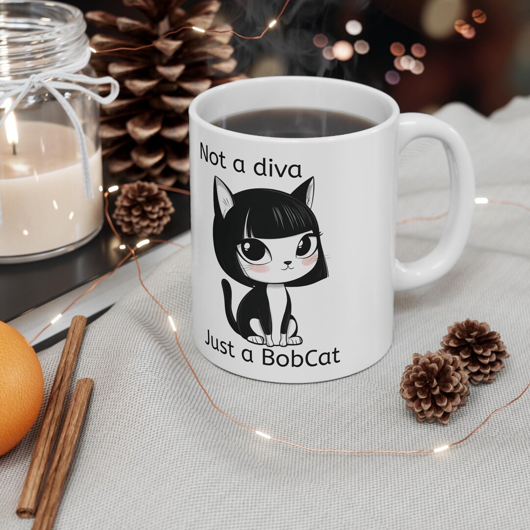 Not a Diva, Just a Bobcat Chibi Anime Cute Cat With a Bob Wig, Ceramic ...