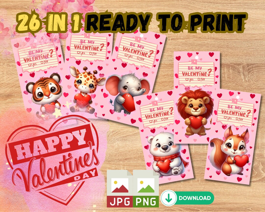 26 in 1 Ready to Print Cute Animal Valentines Day Gift Card Instant ...