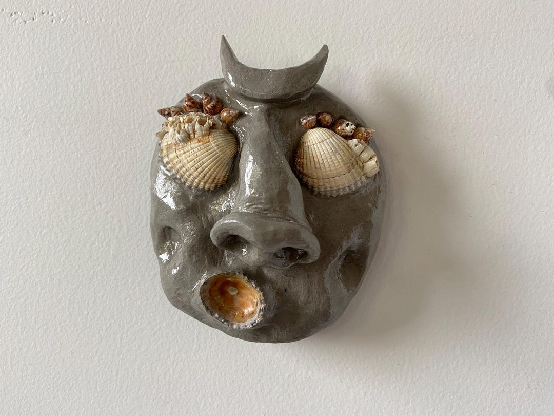 Handmade Clay Face Wall Hanging With Seashells – Unique Pottery Art ...