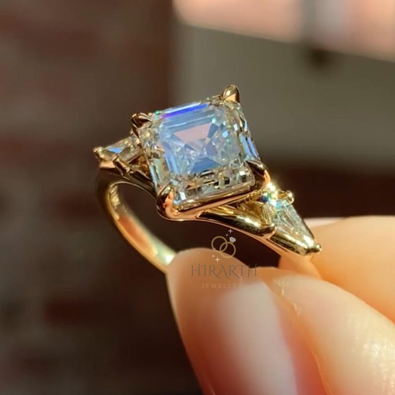 3 Ct Asscher Cut Moissanite Engagement Wedding Ring 14K Solid Gold Ring Three Stone Ring Asscher ...