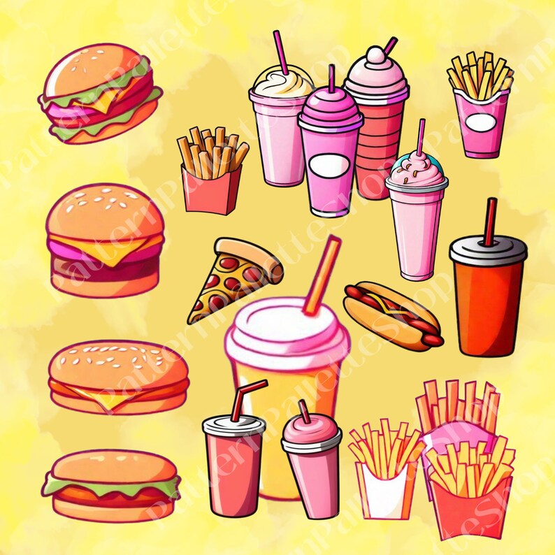 Fast Food Favorites Clipart Pack: Hamburger, Cheeseburger, Fries, Shake ...