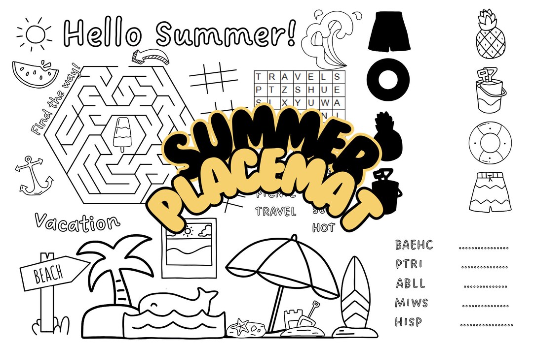 Summer Activity Placemat Vacation Activities Word Search Maze Placemat ...