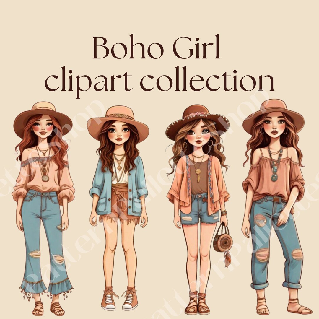 Cute Boho Girl Clip Art Cartoon Bohemian Girl Icons Boho Style Girl ...