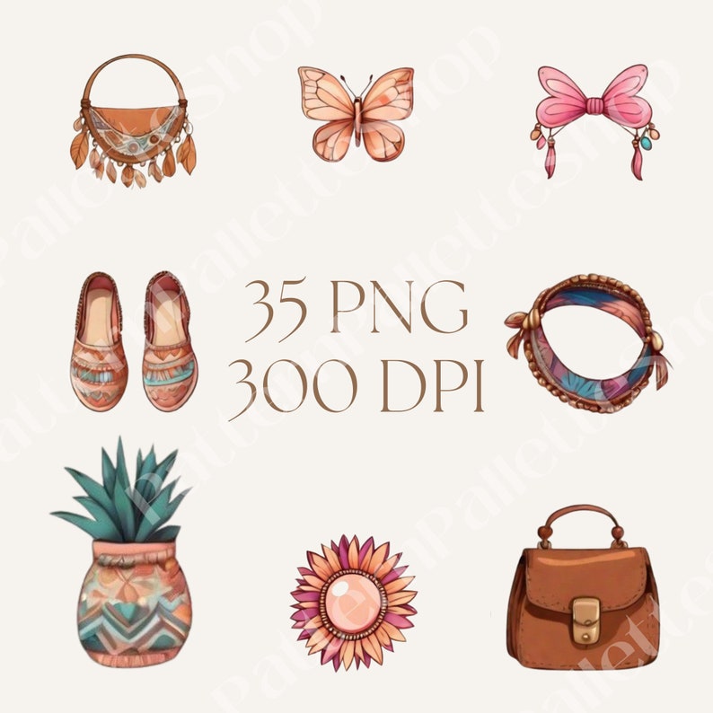 Boho Accessories Clip Art Bohemian Shoes and Plants Icons Dreamcatcher ...