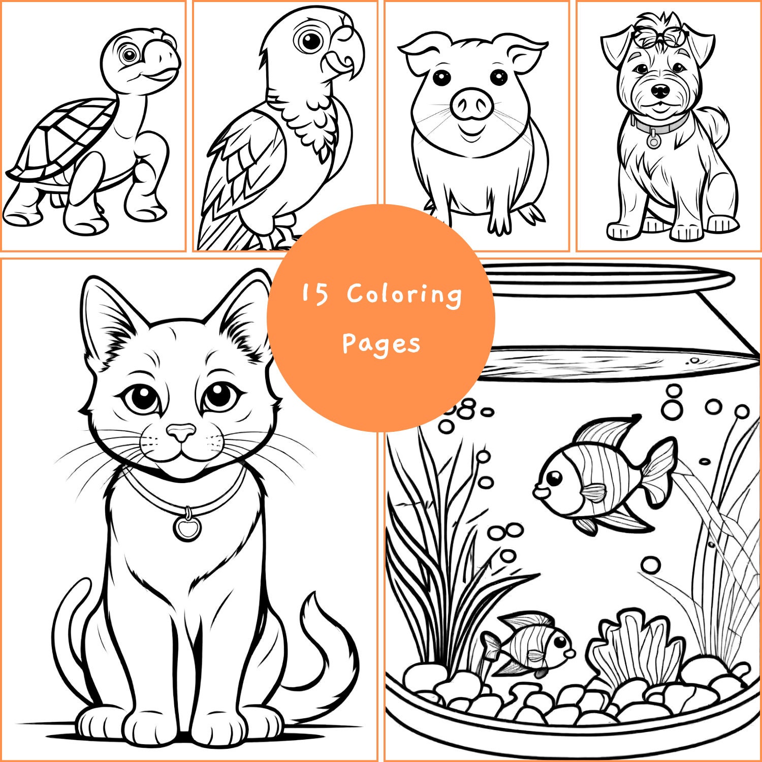 Domestic Animals Coloring Pages Dog Cat Mouse Spider Parrot Turtle Fish ...
