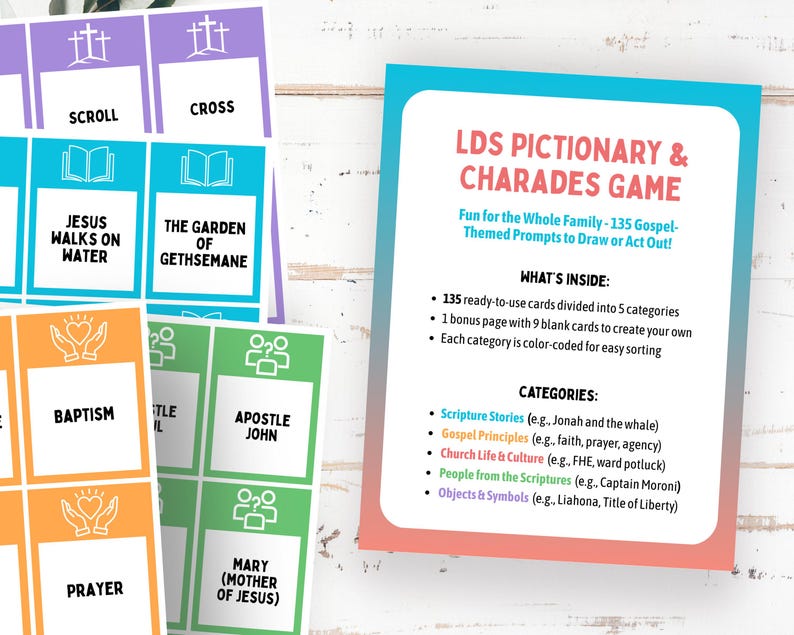 LDS Pictionary & Charades Printable Game | 135 Gospel Prompts | Family ...