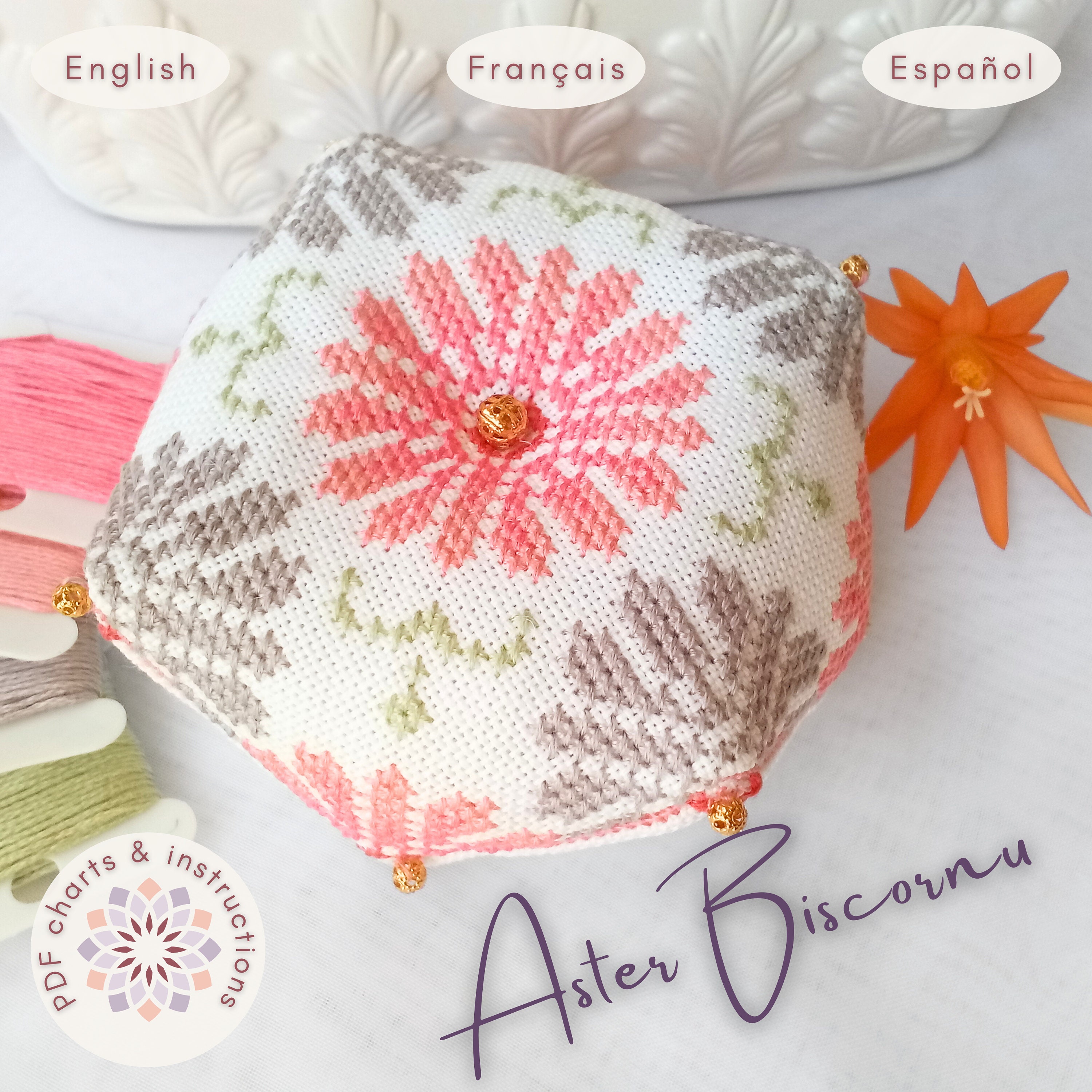 Aster Biscornu Cross Stitch Pattern: Floral Needlecraft (PDF Pattern ...