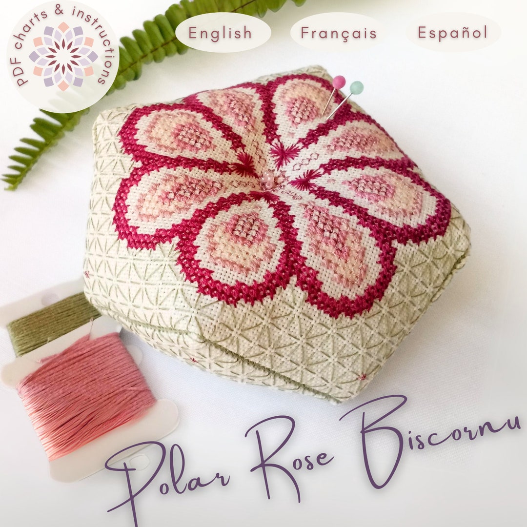 Cross Stitch and Sashiko Pattern and Instructions for Polar Rose Biscornu. Digital Product ...