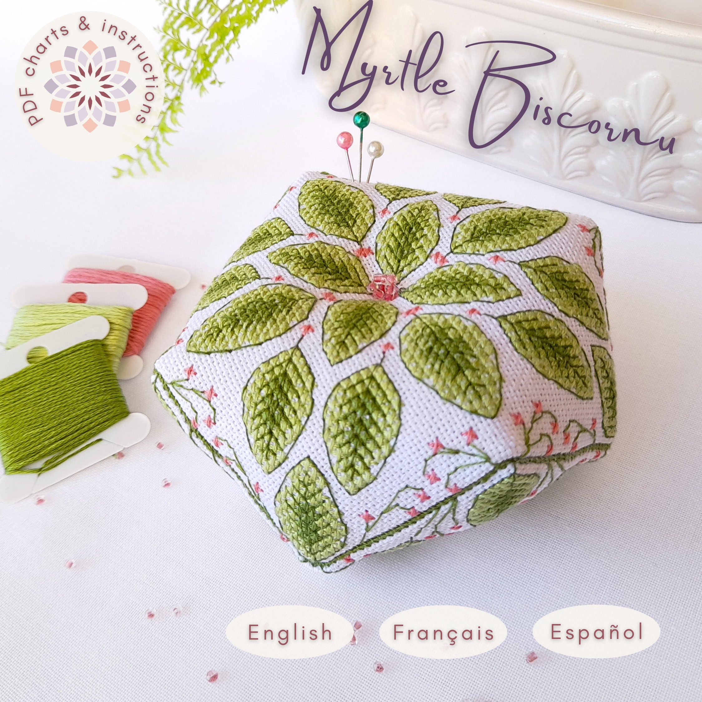 Myrtle Biscornu Cross Stitch Pattern: Botanical Pin Cushion (PDF ...