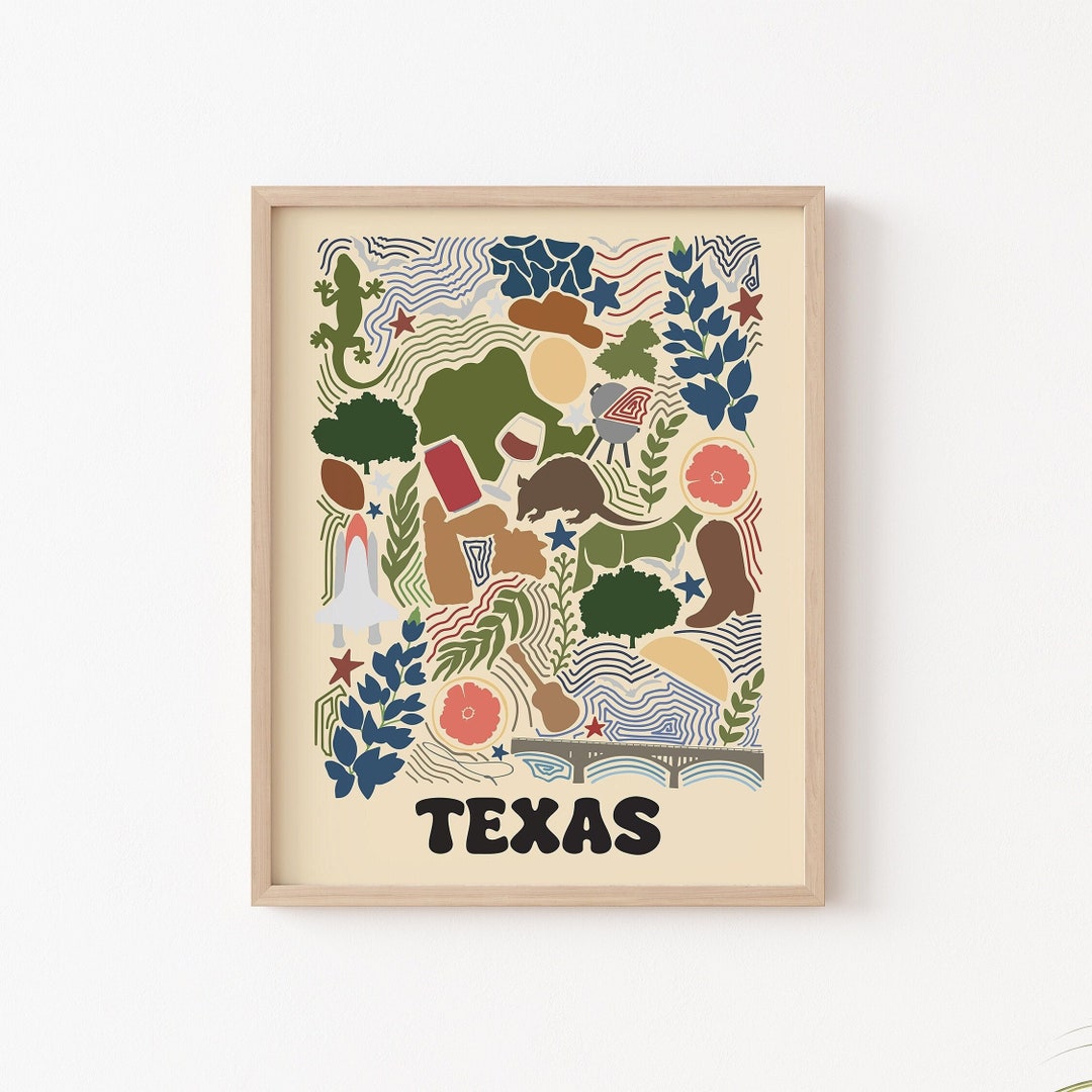 Texas State Symbol Poster Print, Texas Wall Art, Texas Travel Poster ...