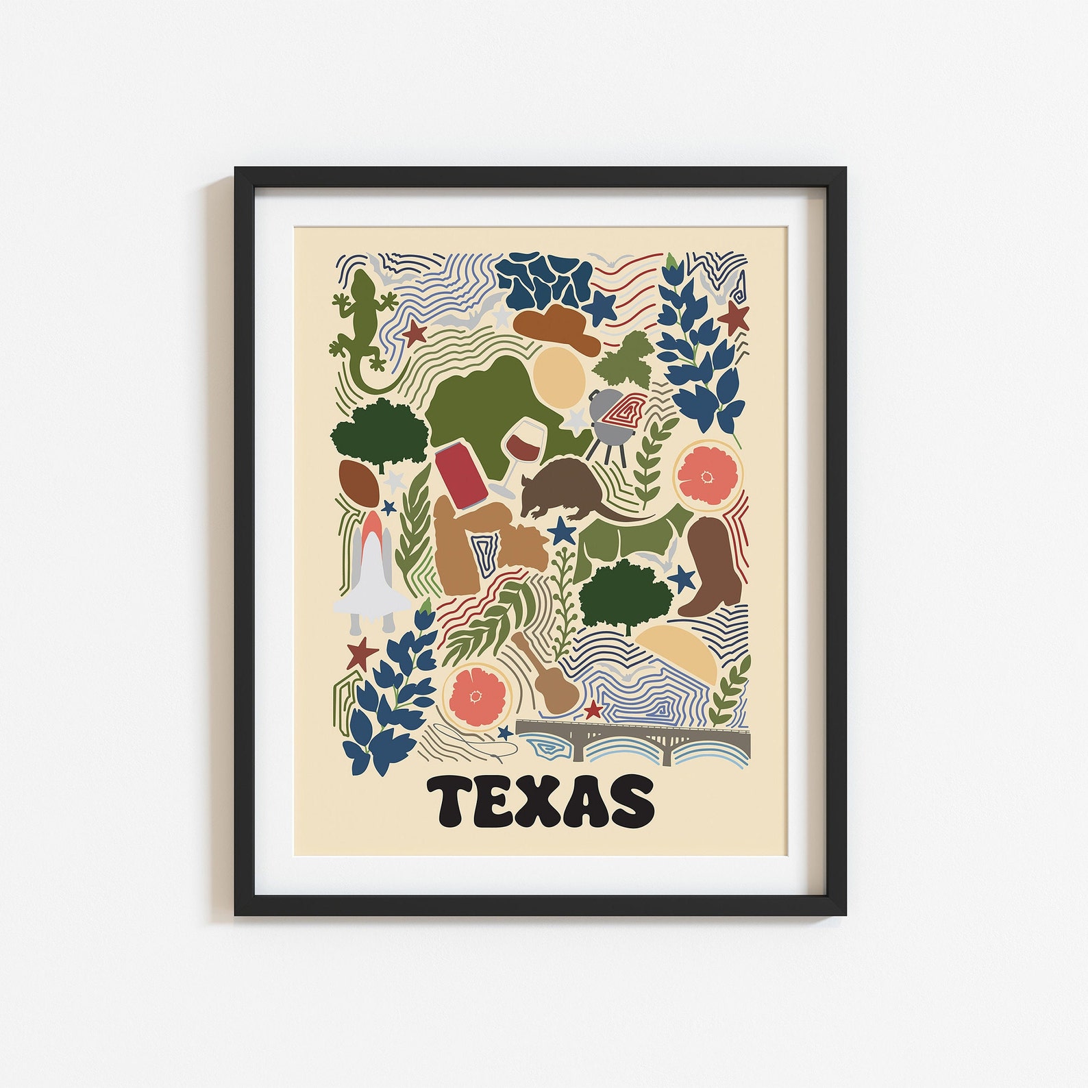 Texas State Symbol Poster Print, Texas Wall Art, Texas Travel Poster ...