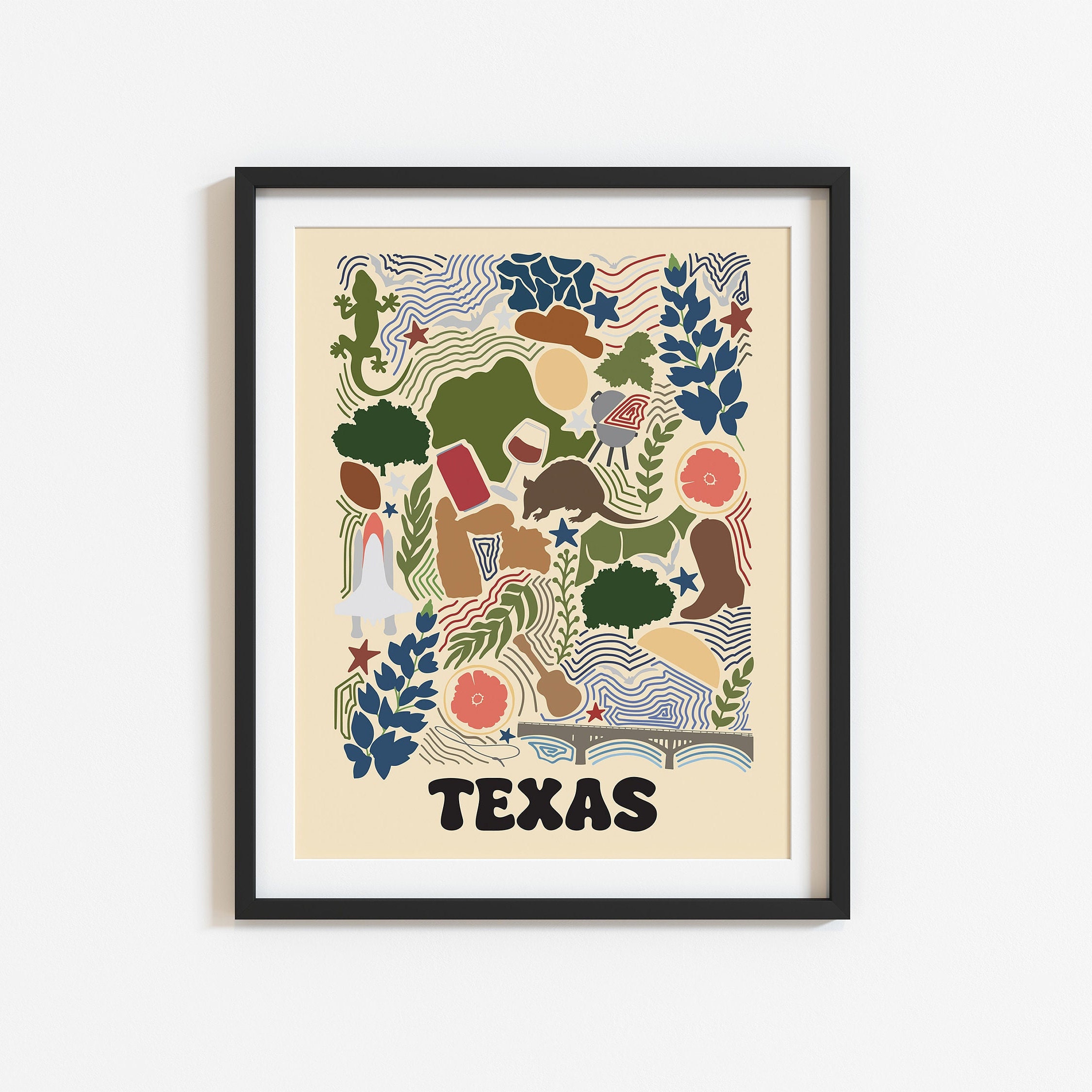 Texas State Symbol Poster Print, Texas Wall Art, Texas Travel Poster ...