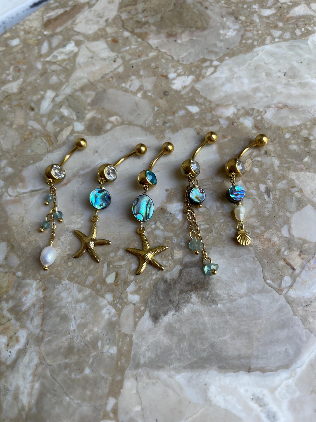 Seashell Starfish Freshwater Pearl Belly Bar Surgical Steel / Stainless ...