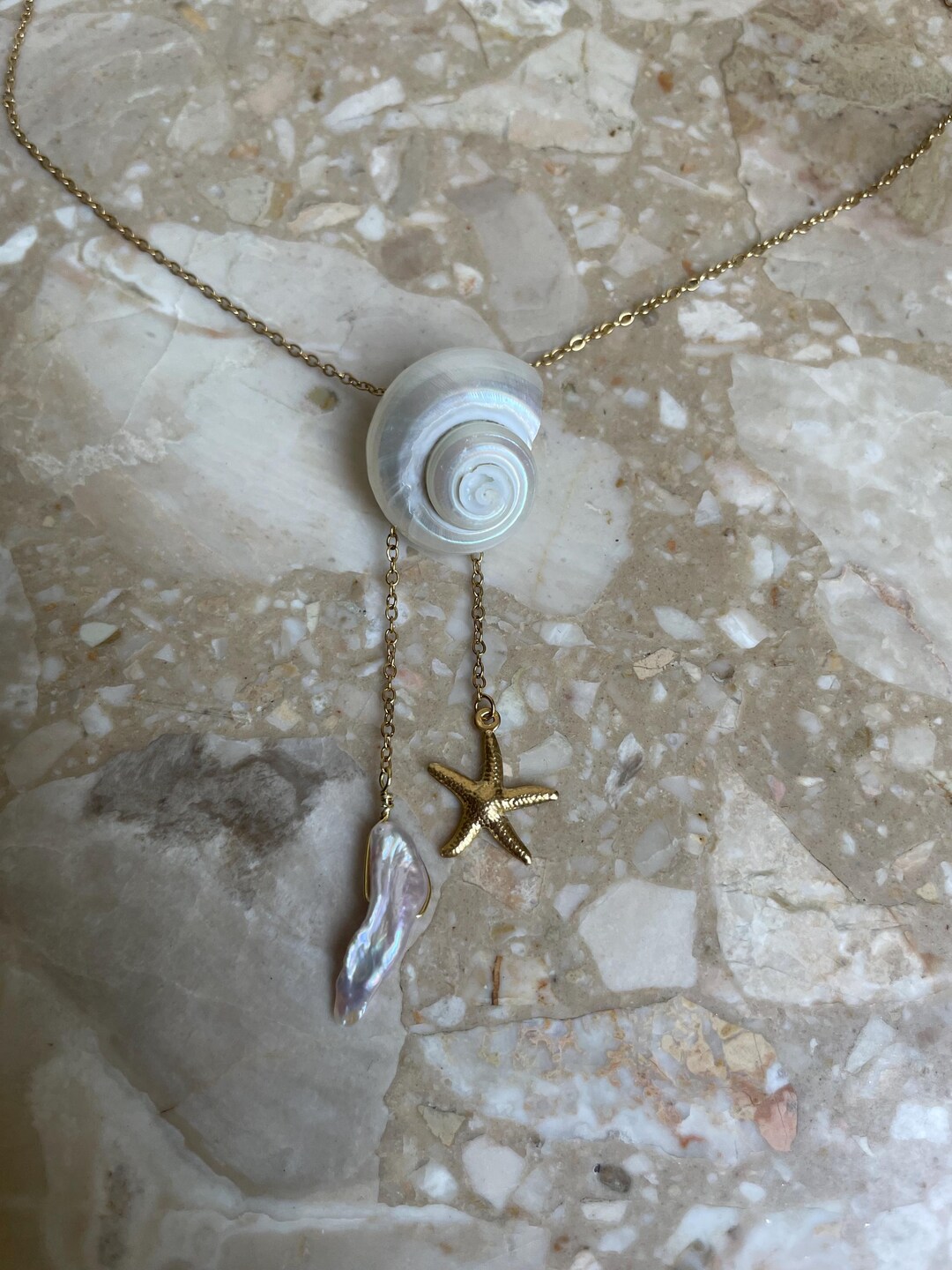 Pearlised Shell & Freshwater Pearl Necklace, Stainless Steel. PVD ...