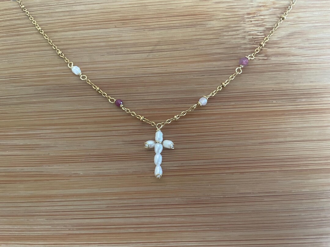 Natural Stone & Freshwater Pearl Cross Necklace. Natural Ruby and ...