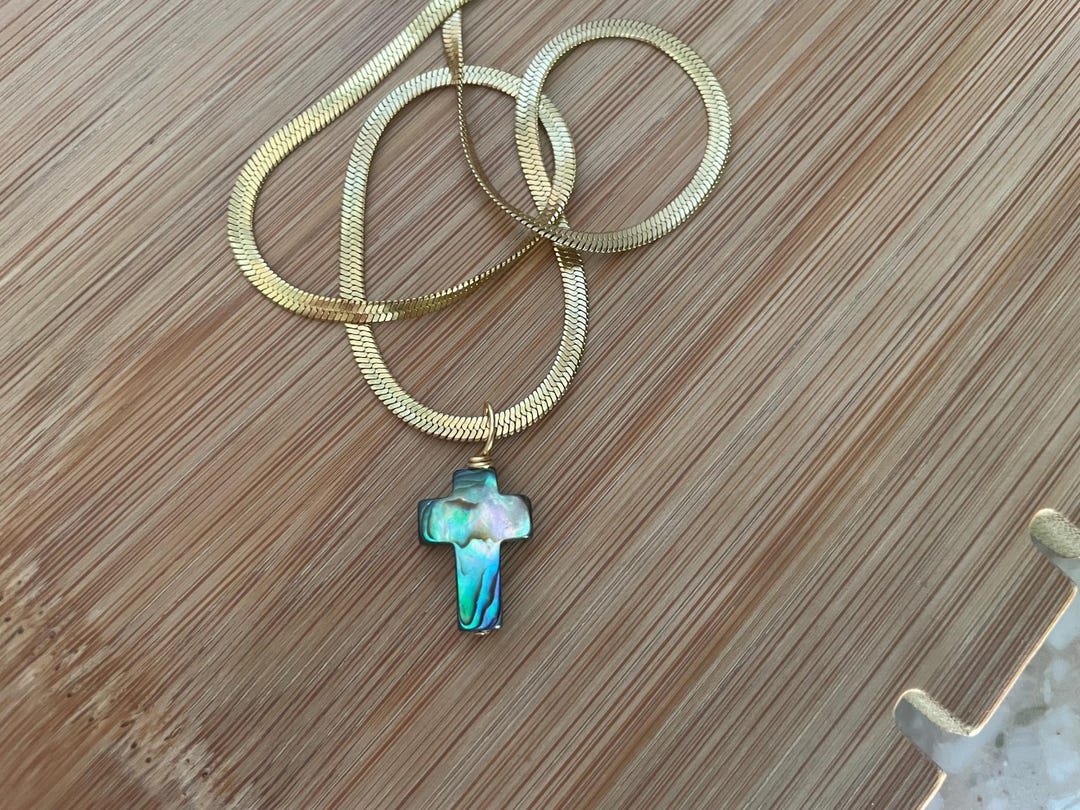Gold Plated Baby Abalone Shell Cross Necklace, Stainless Steel. PVD ...