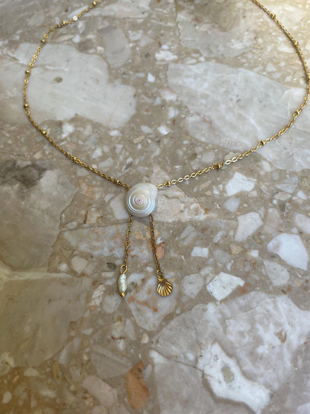 Real Spiral Shell & Freshwater Pearl Necklace Dainty Seashell Stainless ...