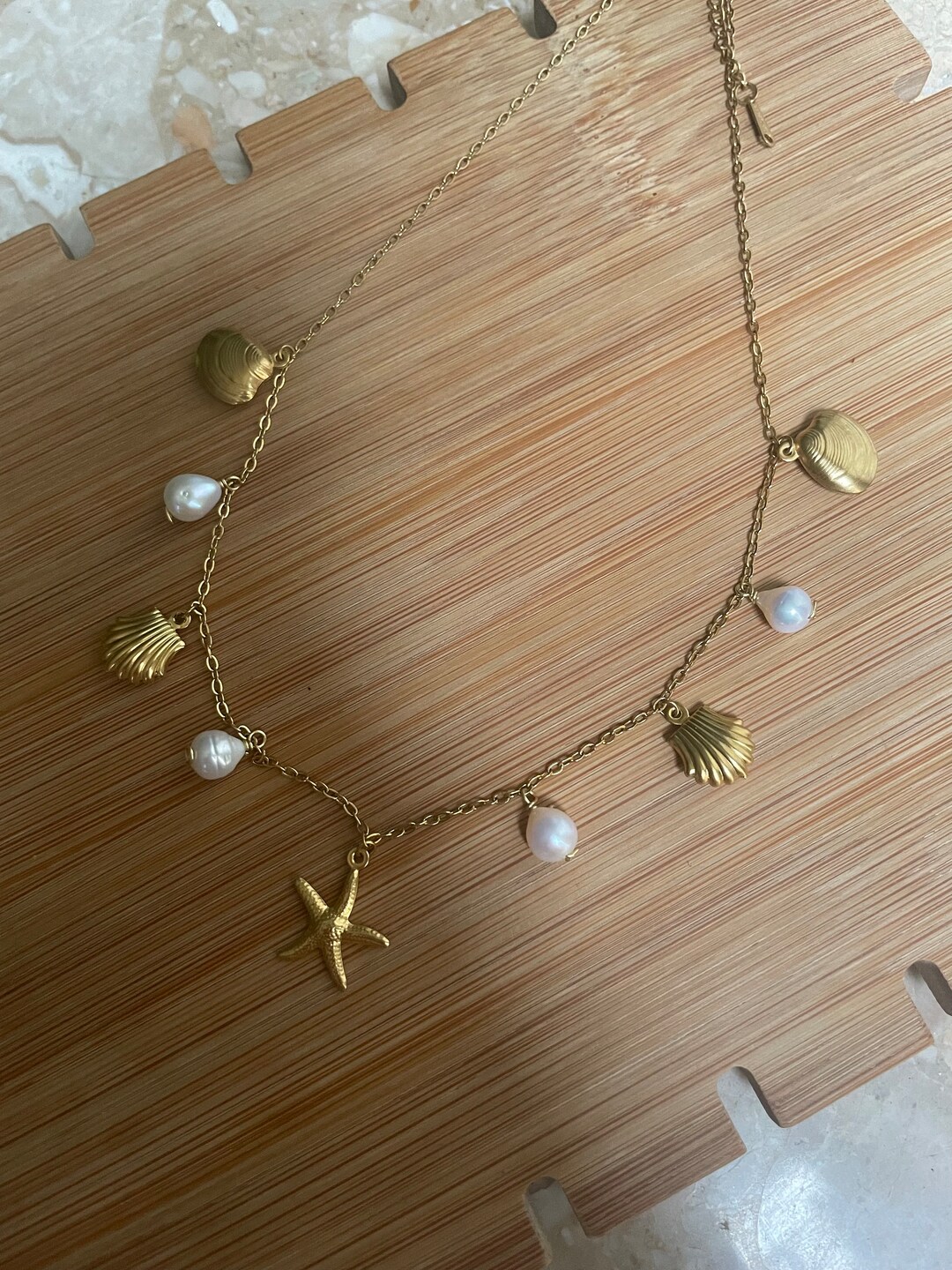 Seashell / Starfish & Freshwater Pearl Charm Necklace. Stainless Steel ...